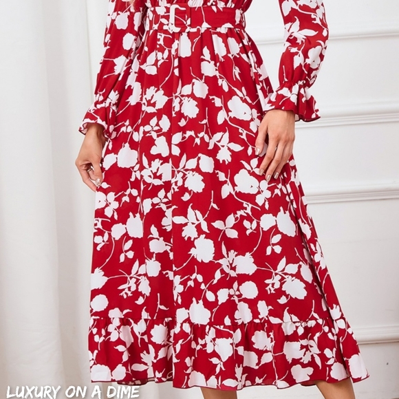 Dresses | Belted Contrasting Floral Surplice Vneck Long Sleeve Ruffle ...